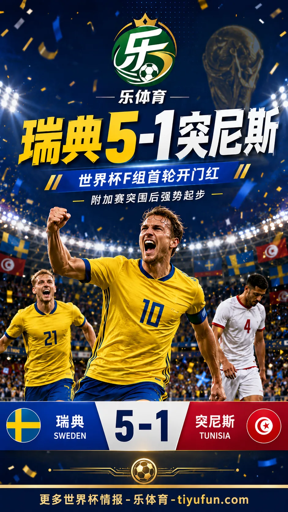 2026世界杯F组：瑞典5-1突尼斯 附加赛突围后首战开门红